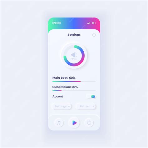 메트로놈 응용 프로그램 설정 스마트폰 인터페이스 벡터 템플릿입니다 모바일 앱 페이지 조명 디자인 레이아웃입니다 매개변수 조정 화면 응용 프로그램에 대한 평면 Ui