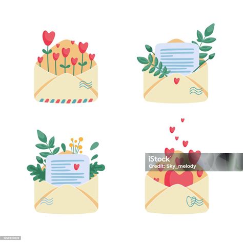 편지 노트 꽃과 마음이 담긴 종이 봉투 컬렉션 연인을위한 낭만적 인 메시지 우편 서비스 및 러브 메일 개념 플랫 만화 벡터