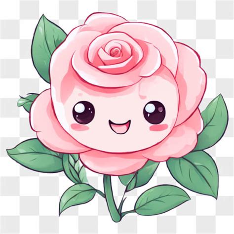Download Kawaii Pink Rose With Green Leaves Online Creative Fabrica