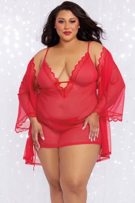 Plus Size Black Mesh Chemise And Robe Set Spicy Lingerie