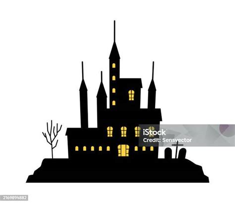 유령의 집 또는 방에 탑과 조명이 있는 할로윈 성 벡터 고립된 실루엣 의 중세 요새 고딕 양식 풍경 와 벌거벗은 가을 나무 와 엽서를 위한 계절별 휴일 장식 가을에 대한