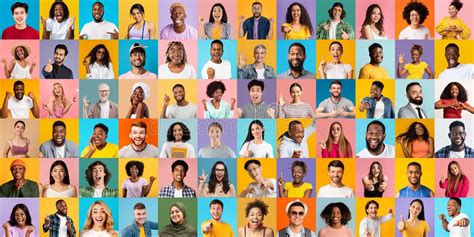 162 Mosaic Different Happy People Portraits Over Colorful Backgrounds