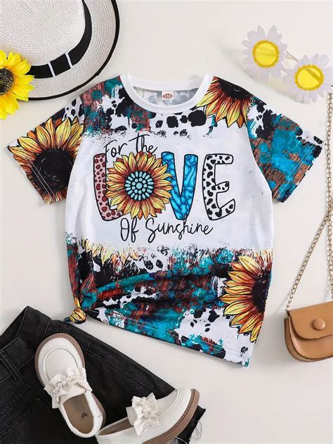 Girls Letter Love Sunflower Leopard Graphic T Shirt Casual Temu Ireland