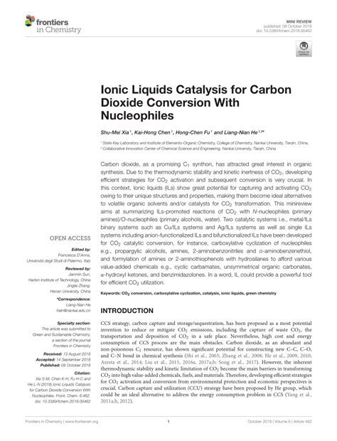 Pdf Ionic Liquids Catalysis For Carbon Dioxide Conversion With