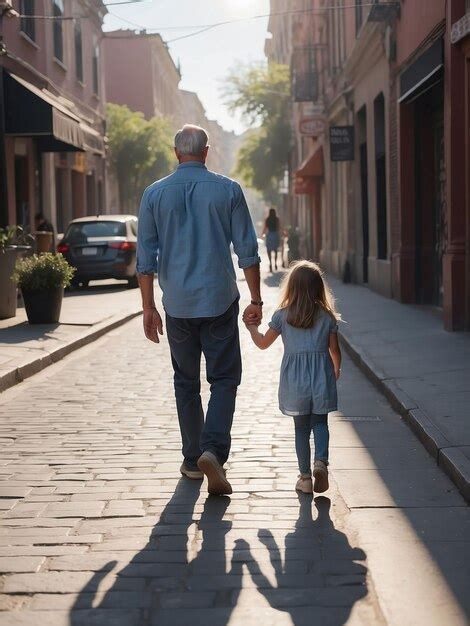Premium Photo A Father Walks Down The Street With His Daughter