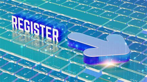 아이소 메트릭 키보드 빛나는 레지스터 텍스트 미래 지향적 인 화살표 청록색 및 청록색 색상 디지털 매트릭스 배경 3d 렌더링 네온 조명 사이버 펑크 미학 온라인 등록 개념