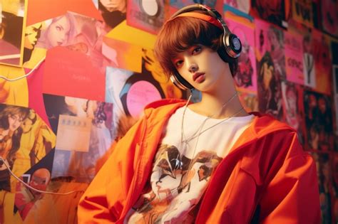 Premium Photo A Young Woman Wearing Headphones In Front Of A Wall Of