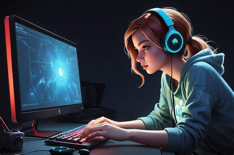 Premium Photo Gaming Girl Focusing On Her Computer Screen As She
