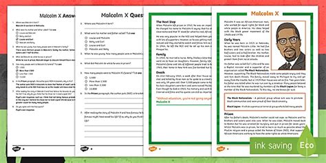 Malcolm X Differentiated Reading Comprehension Activity Worksheets