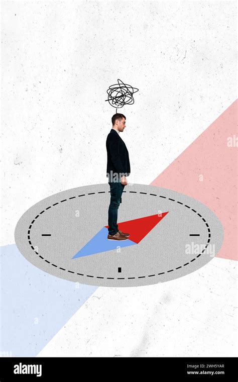 Artwork Graphics Collage Of Doubtful Unsure Worker Standing Big Compass