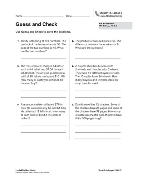 Guess And Check Word Problems Worksheet For 4th 6th Grade Lesson Planet