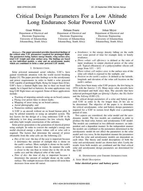Critical Design Parameters For A Low Altitude Long Endurance Solar
