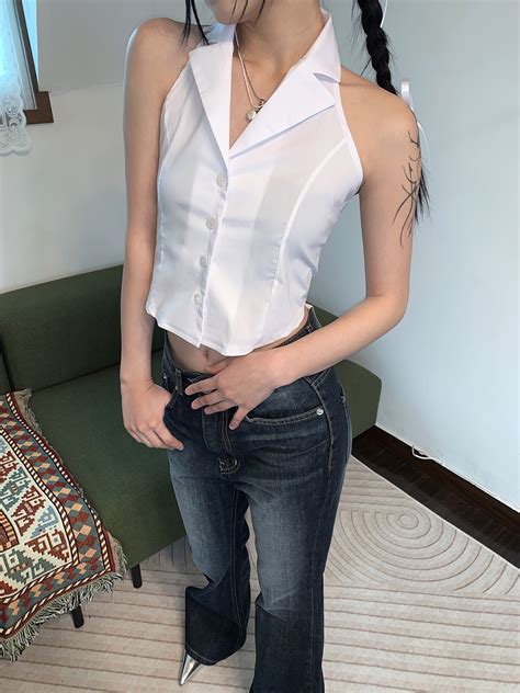 당일세일 어텐션 카라 홀터넥 베스트 셔츠 아이보리