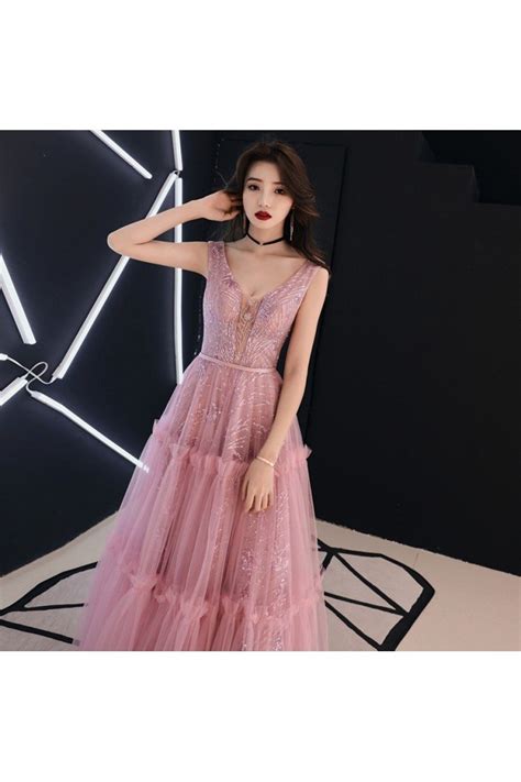 Sparkly Sequins Pink Tulle Vneck Prom Dress Sleeveless 1249776