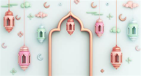 아랍어 창 프레임 초승달 랜턴 만화 스타일 라마단 카림 Mawlid 이프타르 이스라 미라즈 이드 알 피터 아드하 무하람 복사 공간 텍스트 3d 일러스트와 이슬람 장식 배경