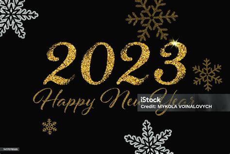 황금색과 은색 눈송이 형태의 금 먼지가있는 어두운 배경 휴일 포스터 2023 년 새해 엽서 공휴일에 대한 스톡 벡터 아트 및
