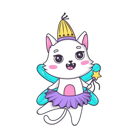 흰색 배경에 격리된 낙서 스타일의 발레리나 투투에 마술 지팡이가 있는 귀여운 만화 고양이 요정 프리미엄 벡터