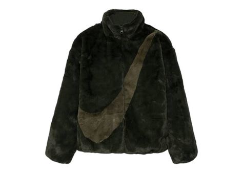 Nike Faux Fur Oversized Swoosh Logo Jacket Carbon Greenmedium Olive