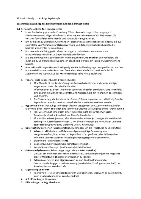 Richard J Gerrig 21 Auflage Psychologie Zusammenfassung Kapitel 2 Forschungsmethoden Der