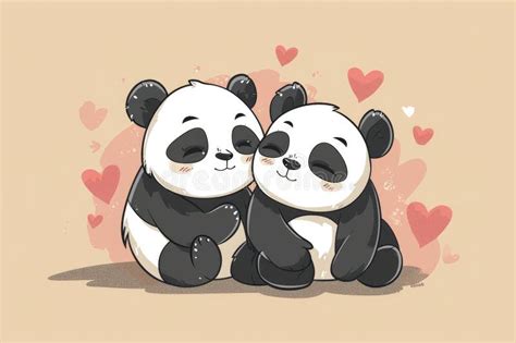 Two Adorable Cartoon Pandas Embracing In A Tender Hug With Hearts
