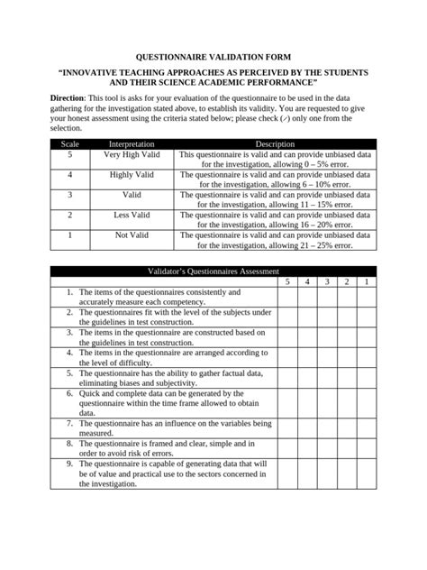 Questionnaire Validation Form Noureen And Jenshelle Pdf Pedagogy