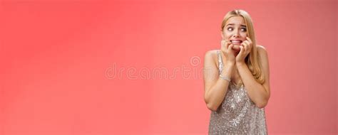 Frightened Insecure Timid Young Blond Woman Afraid Feel Scared