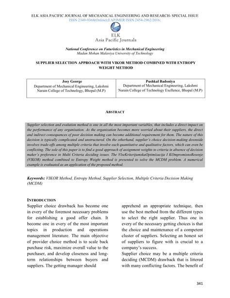 Pdf Supplier Selection Approach With Vikor Method Combined With Entropy Weight Method