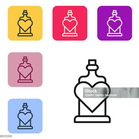 흰색 배경에 고립 된 사랑 물약 아이콘검은 라인 병 발렌타인 데이 기호 색상 정사각형 단추로 아이콘을 설정합니다 벡터 개념에 대한 스톡 벡터 아트 및 기타 이미지 Istock