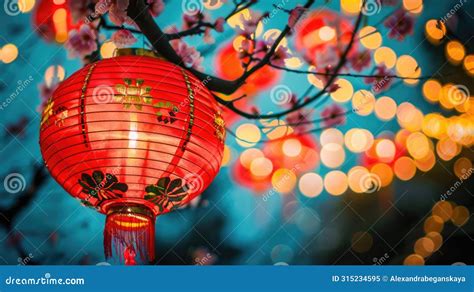 Vibrant Chinese Lanterns Illuminating Cherry Blossoms At Twilight Stock