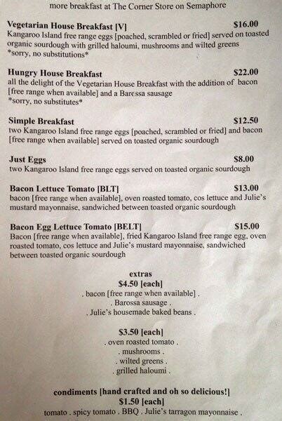Menu At The Corner Store On Semaphore Restaurant Semaphore