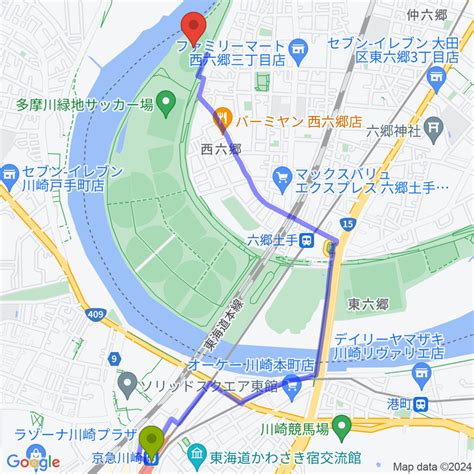 京急川崎駅から大田区区民広場へのルートマップ Mdata