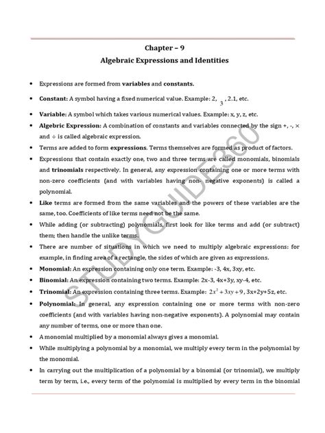 08 Maths Key Notes Ch 09 Algebraic Expressions And Identities Unlocked Pdf Polynomial