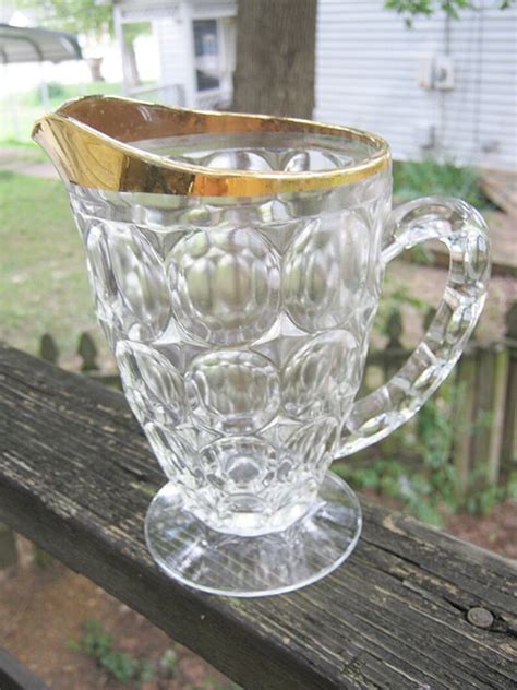 Pressed Glass Pitcher With Gold Trim Thumbprint Design Heavy Etsy