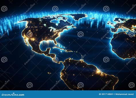 Geographical Glow World Map In Americas With Glowing Latitude