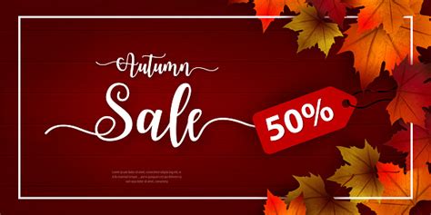 50 특별 제공 가을 세일 배경 레이아웃은 쇼핑을위한 나뭇잎으로 장식됩니다 쇼핑 할인 프로모션 포스터 웹 배너를위한 오렌지 색 배경 템플릿에 화려한 계절 가을 잎 판매
