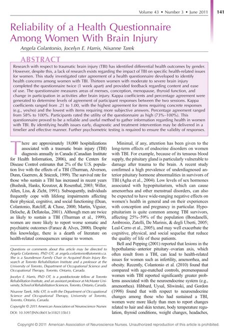 PDF Reliability Of A Health Questionnaire Among Women With Brain Injury