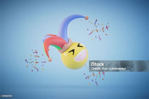 만우절 선물 파란색 배경에 색종이가 있는 광대 모자를 쓴 웃는 이모티콘 3d 렌더링 4월에 대한 스톡 사진 및 기타 이미지 4월 Performing Arts Event