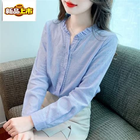 初径春秋装2025年新款纯棉衬衫女洋气全棉百搭木耳领上衣提花女士衬衣 天蓝色 S 建议80斤 90斤【图片 价格 品牌 报价】 京东