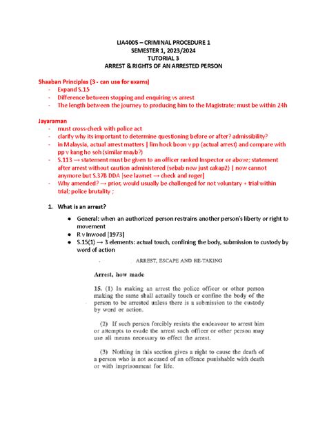 Tutorial 3 Arrest Lia4005 Criminal Procedure 1 Semester 1 2023