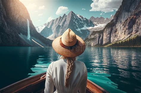 Summer Vacation And Activity Young Beautiful Woman Sailing On A Boat Generative Ai Stock