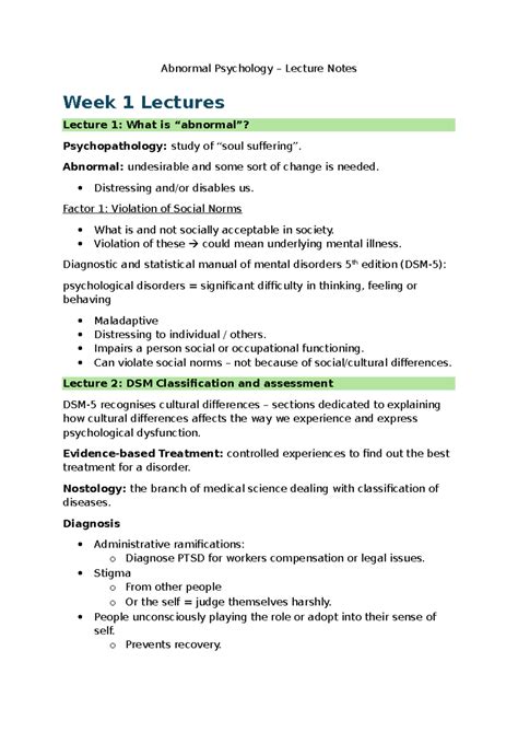 Abnormal Psychology Lecture Notes Abnormal Psychology Lecture Notes Week 1 Lectures
