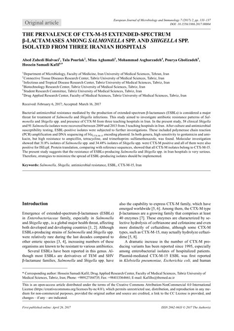 Pdf The Prevalence Of Ctx M 15 Extended Spectrum Beta Lactamases Among Salmonella Spp And