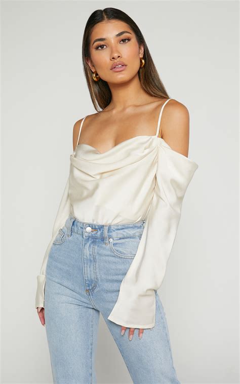 Julian Top Off Shoulder Long Sleeve Cowl Neck Top In Ivory Showpo Usa