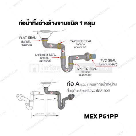 ท่อน้ำทิ้งอ่างล้างจานชนิด 1 หลุม Mex รุ่น P51pp ขนาด 235 X 525 ซม สีเทา