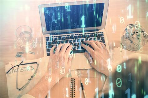 Premium Photo Double Exposure Of Mans Hands Typing Over Computer Keyboard And Data Theme