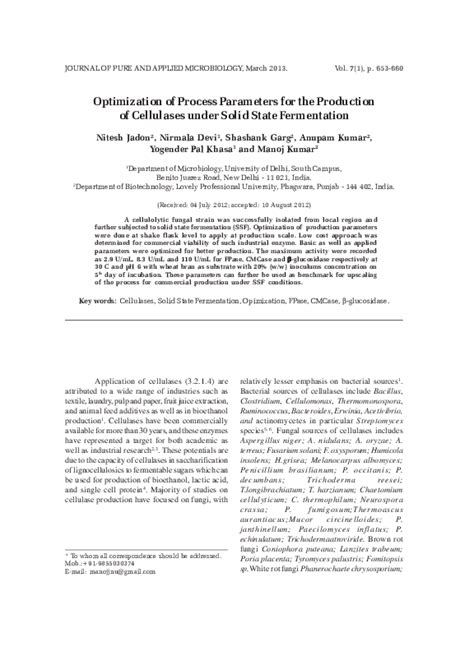 Pdf Optimization Of Process Parameters For The Production Of Cellulases Under Solid State