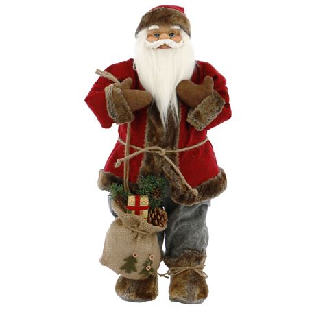 Фигурка Дядо Коледа с чувал с подаръци и червено палто 60 см Кафява Червена Emag Bg
