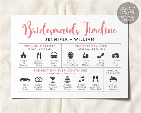 Editable Wedding Day Timeline Bridesmaids Itinerary Template Wedding