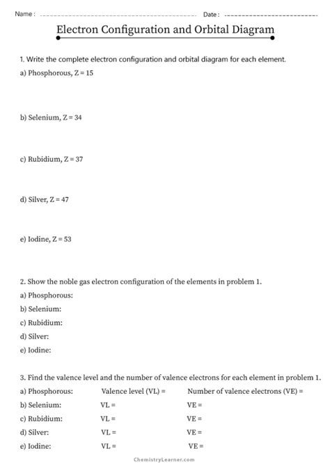 Free Printable Electron Configuration Orbital Diagram Worksheets