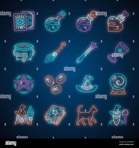 Magic Neon Light Icons Set Witchcraft Sorcery Halloween Items Occult